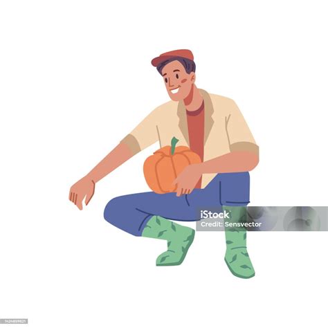 호박을 가진 농부 잘 익은 야채를 들고있는 고립 된 농가 인물 농업 사업 및 수확 시즌 플랫 만화 캐릭터 플랫 스타일의 벡터 10월에 대한 스톡 벡터 아트 및 기타 이미지