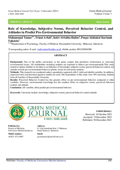 Pdf Role Of Knowledge Subjective Norms Perceived Behavior Control And Attitudes In Predict