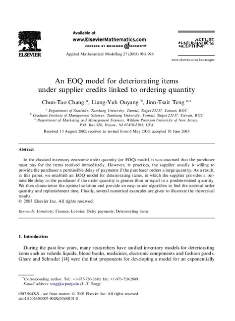 Pdf An Eoq Model For Deteriorating Items Under Supplier Credits