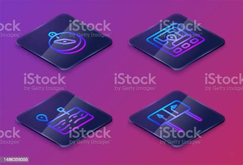 아이소메트릭 라인 나침반 깨진 도로 지도 및 도로 교통 표지판이 있는 Gps 장치를 설정합니다 파란색 사각형 버튼입니다 벡터 3