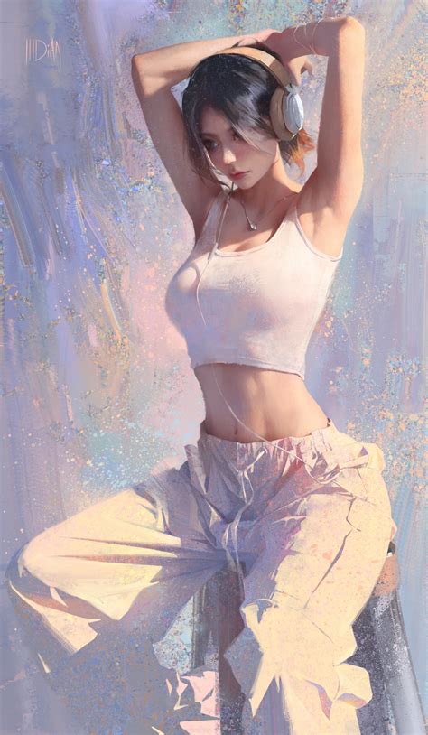 배경 화면 Illdian 수직선 삽화 초상화 여자들 헤드폰 겨드랑이 짧은 머리 흑발 Chinese Women 작물 가기 목걸이 배꼽 좌석 무기를