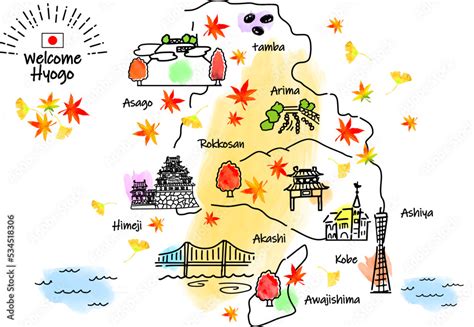 Vetor De 秋の兵庫県の観光地のシンプル線画イラストマップ Do Stock Adobe Stock