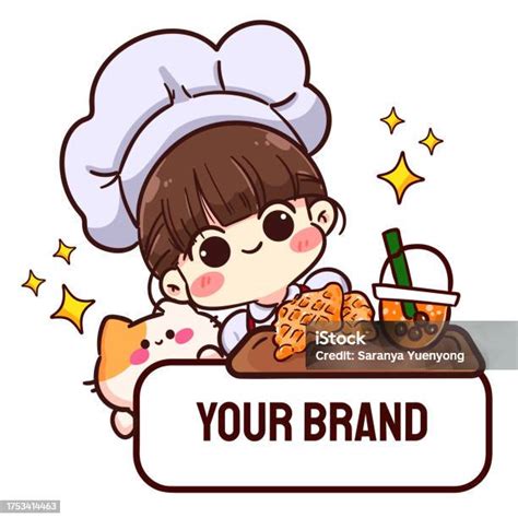 귀여운 소녀 요리사 고양이와 Croffle 달콤한 음식 로고 배너 만화 그리기 벡터 일러스트 레이 션 크레이프 팬케이크에 대한 스톡 벡터 아트 및 기타 이미지 Istock