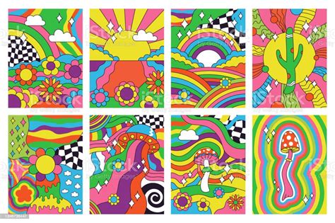 그루비 복고풍 분위기 70 년대 히피 스타일의 환각 아트 포스터 추상 환각 히피 무지개 풍경 60 년대 포스터 벡터 일러스트 세트 히피 스타일 레트로 커버 배경 주제에 대한