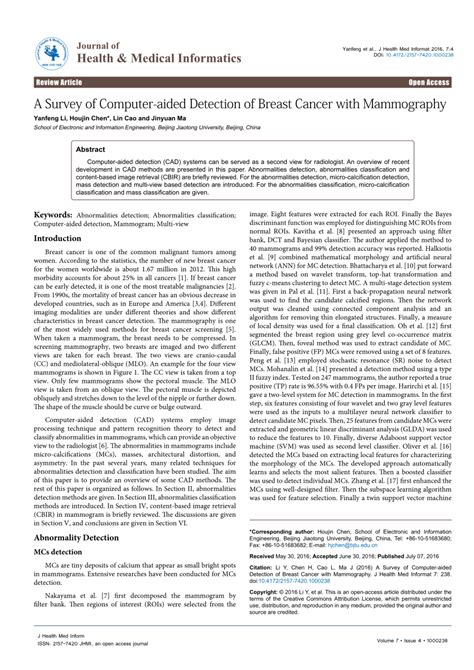 pdf a survey of computer aided detection of breast cancer with