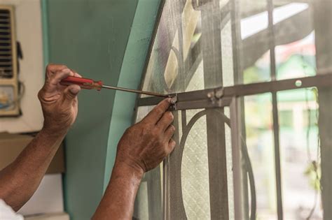 핸디맨이 침실 창문에 드라이버가있는 스크린 메쉬 프레임을 설치합니다 주택 개조 개념 바둑판에 대한 스톡 사진 및 기타 이미지 바둑판 설치 창문 Istock