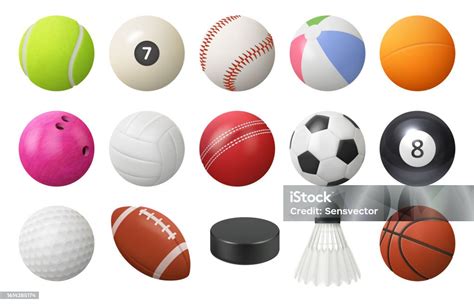 사실적인 스포츠 공과 로켓 하키 퍽 축구 축구 야구 골프 테니스를 위한 3d 장비 프로 스포츠 활동과 게임을 위한 공의 벡터 세트 삽화 공 스포츠 장비에 대한 스톡 벡터
