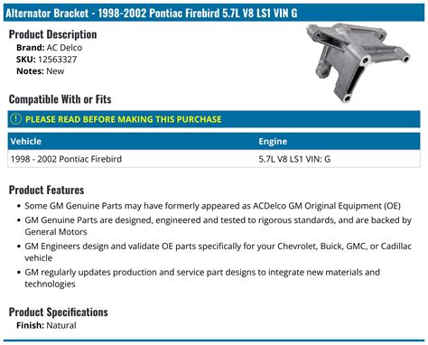 1998 2002 Pontiac Firebird Alternator Bracket Ac Delco 12563327
