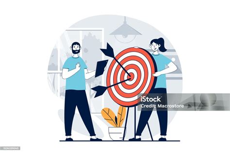 웹을 위한 플랫 디자인에서 사람들 장면과 함께 전략적 계획 개념 여자와 남자는 사업 개발을 위해 업무 목표를 목표로 삼고