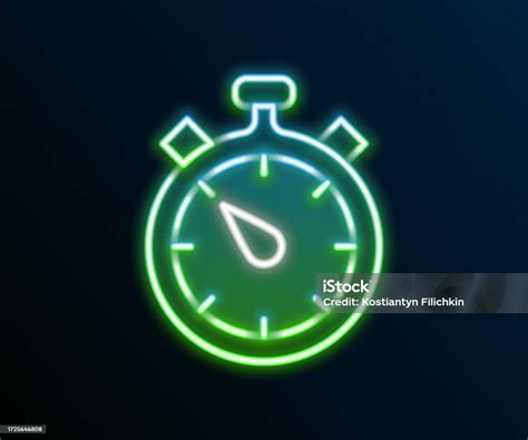 검은 색 배경에 고립 된 빛나는 네온 라인 스톱 워치 아이콘 시간 타이머 기호입니다 크로노미터 기호 다채로운 개요 개념 벡터 0