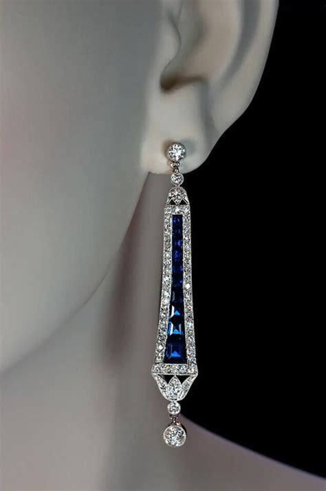 1920s Vintage Style Dangle Earrings Blue Sapphire Cz Long Drop Party