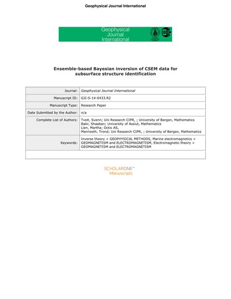 Pdf Ensemble Based Bayesian Inversion Of Csem Data For Subsurface