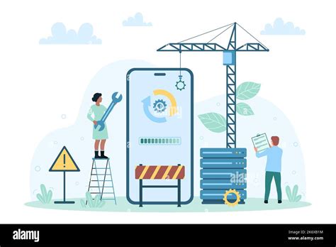 Mobile App Design Development Vector Illustration Cartoon Tiny People Building Application