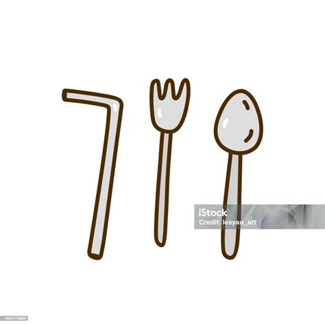 재사용 가능한 강철 수저 포크 숟가락 빨대는 흰색 배경에 분리된 음료용입니다 낙서 스타일의 벡터 손으로 그린 그림입니다 장식 로고에 적합합니다 폐기물 제로 생태 개념 감소에