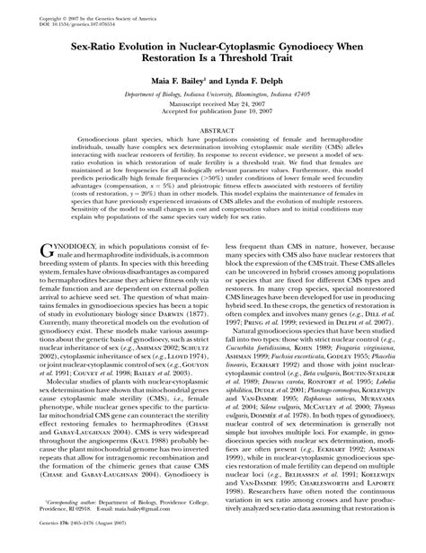 PDF Sex Ratio Evolution In Nuclear Cytoplasmic Gynodioecy When Restoration Is A Threshold Trait