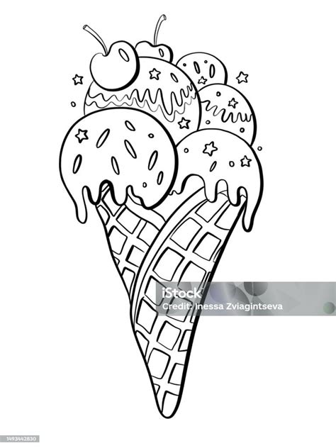 등고선 그림 스케치 만화 스타일의 음식 아이스크림 공 와플 콘 색칠하기 책 표지 인쇄 스티커 및 미디어 로고 아이콘을 위한 베리 디자인 요소 0명에 대한 스톡 벡터 아트 및