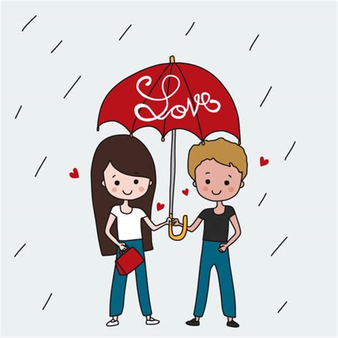 Girl And Boy Kissing In The Rain Drawing