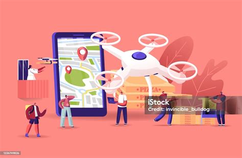 음식 배달을 위해 드론을 사용하는 사람들 쿼드 콥터는 남성과 여성 캐릭터에 피자를 가져 공중 무인 항공기 원격 제어 미래 서비스