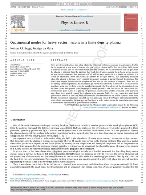 Pdf Quasinormal Modes For Heavy Vector Mesons In A Finite Density Plasma