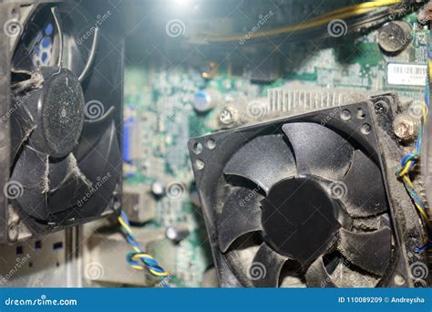 Dust On Computer Pc Cpu Cooler With Motherboard And A Fragment Of The Computer Case Stock Image