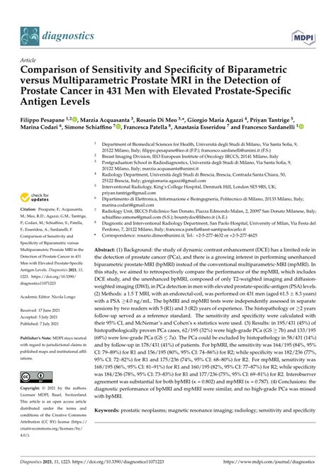 Pdf Comparison Of Sensitivity And Specificity Of Biparametric Versus