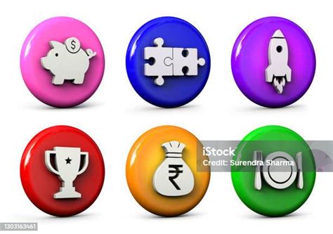 디자인과 배너를위한 인기있는 웹 및 인쇄 3d 아이콘의 컬렉션 돼지 저금통 퍼즐 로켓 트로피 루피 및 레스토랑 3d