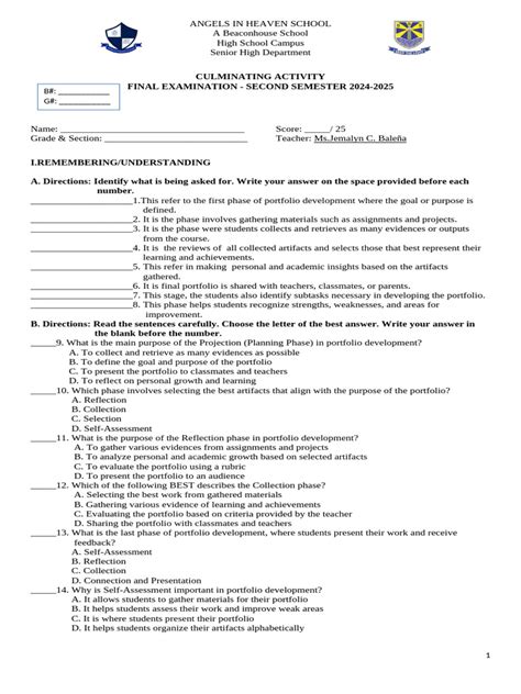 Final Exam Culminating Activity Pdf Teachers Rubric Academic