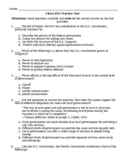 Civics Eoc Practice Test 2024 W Answer Key By Grace Reyes Tpt