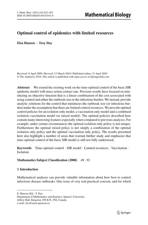Pdf Optimal Control Of Epidemics With Limited Resources