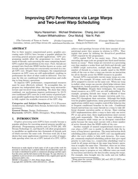 Improving Gpu Performance Via Large Warps And Two Level Warp Scheduling Veynu Narasiman