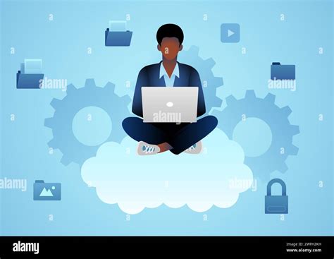 Black Man Working With Laptop On Clouds Remote Work Cloud Computing Online Vector