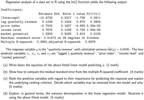 Solved Regression Analysis Of A Data Set In R Using The Imo Function