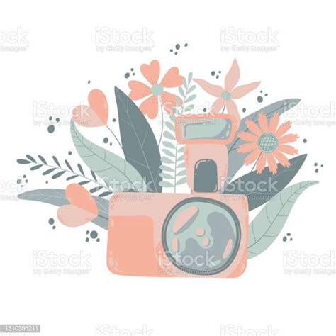 플랫 만화 스타일의 플럭스 귀여운 화려한 Dslr 사진 카메라 파스텔 색상의 꽃 일러스트가 있는 벡터 핸드 그린 카메라 흰색