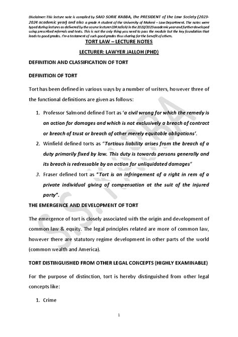 Tort Law Summarized Lecture Notes 2024 Academic Year And Alsotyped During Lectures As