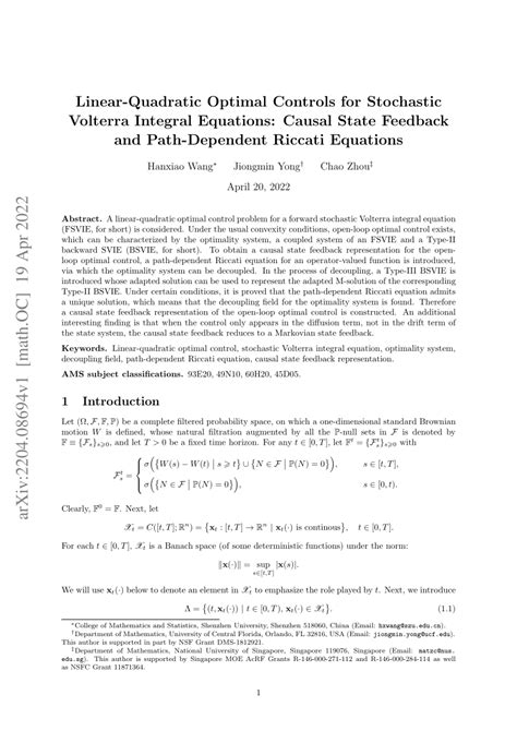 Pdf Linear Quadratic Optimal Controls For Stochastic Volterra Integral Equations Causal State