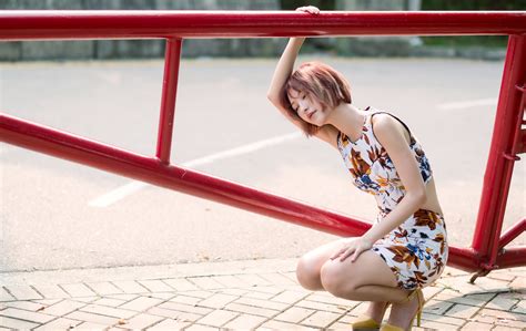 Women Outdoors Asian Women Squatting Urban Dress High Heels Red