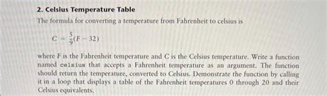 Solved 2 Celsius Temperature Table The Formula For