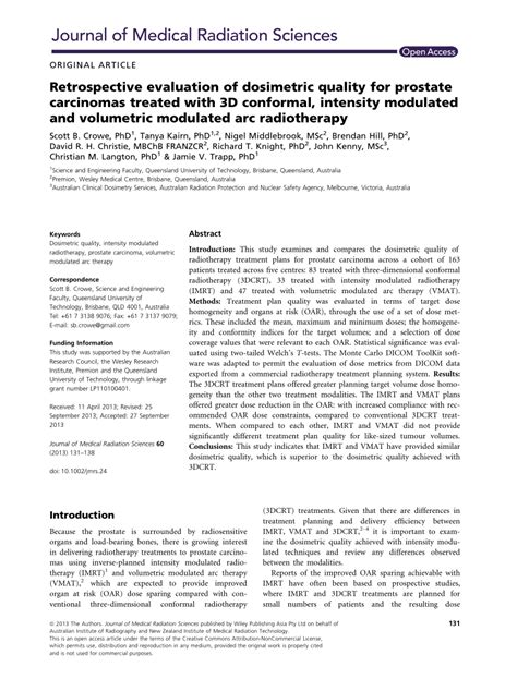 Pdf Retrospective Evaluation Of Dosimetric Quality For Prostate Carcinomas Treated With 3d
