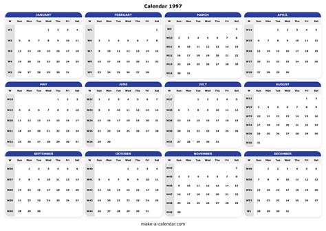 1997 Calendar Free Yearly Printable