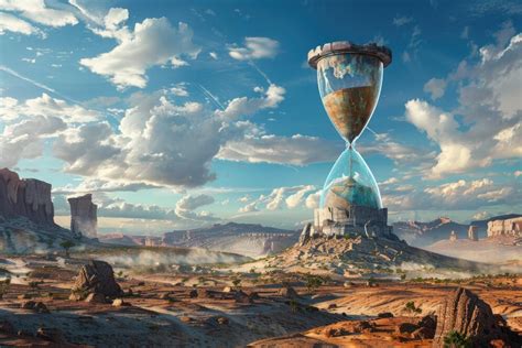 Photograph Of Giant Hourglass In Desert Landscape Premium Ai