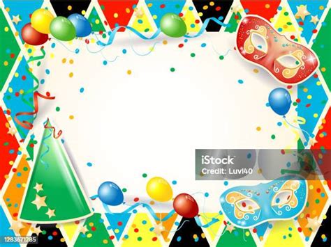 할리퀸 배경에 마스크와 모자를 가진 카니발 일러스트레이션 광대 모자에 대한 스톡 벡터 아트 및 기타 이미지 광대 모자 Mardi Gras Theatrical