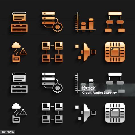 계층 구조 오간 분석 차트 Cpu를 가진 프로세서 필터 설정 클라우드 기술 데이터 전송 데이터 분석 서버 데이터 웹 호스팅 및 기어 아이콘을 설정합니다 벡터 Cpu에 대한