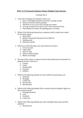 Btec L3 Unit 3 Personal And Business Finance Multiple Choice Revision Multiple Choice Quizzes