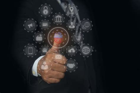 Man Using Thumb To Scan Fingerprint Futuristic Digital Processing Of Biometric Identification
