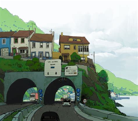 Safebooru Alariko Bridge Car Clouds Cloudy Sky Day Highres Hill
