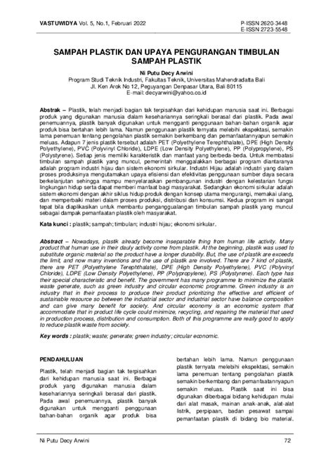 Pdf Sampah Plastik Dan Upaya Pengurangan Timbulan Sampah Plastik