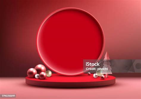 크리스마스 3d 레드 포디움 장식 원형 배경과 제품 디스플레이용 소나무 12월에 대한 스톡 벡터 아트 및 기타 이미지 12월