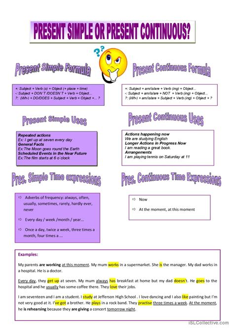 Present Simple Vs Present Continuous Español Ele Hojas De Trabajo Pdf