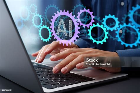 비즈니스 프로세스 및 워크플로우를 위한 Ai 기반 자동화 많은 기어 아이콘 노트북 컴퓨터를 사용하여 지능형 프로세스 자동화 기술을 관리하는 사업가 개념에 대한 스톡 사진 및