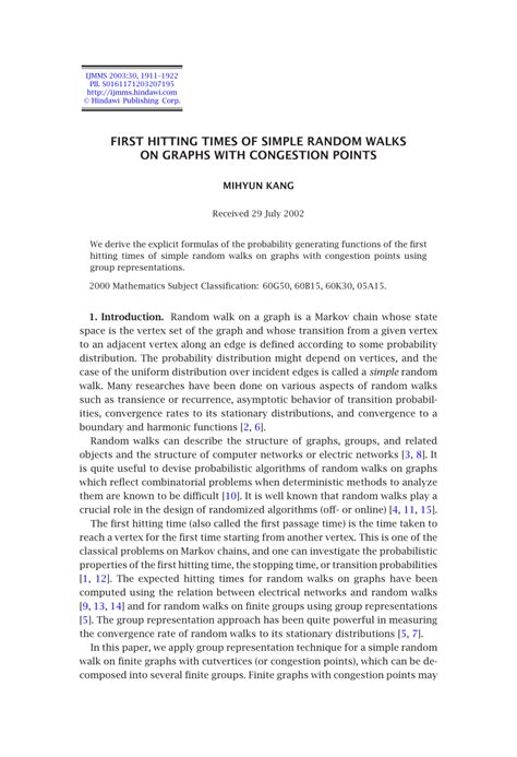 Pdf First Hitting Times Of Simple Random Walks On Graphs With Congestion Points